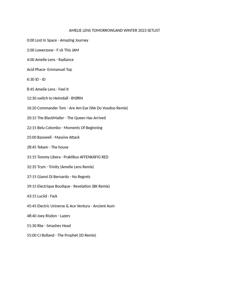 Amelie Lens Tomorrowland Winter 2023 Setlist | PDF