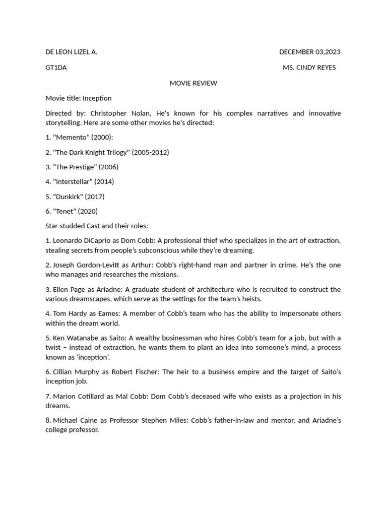 Movie Review, INCEPTION | PDF