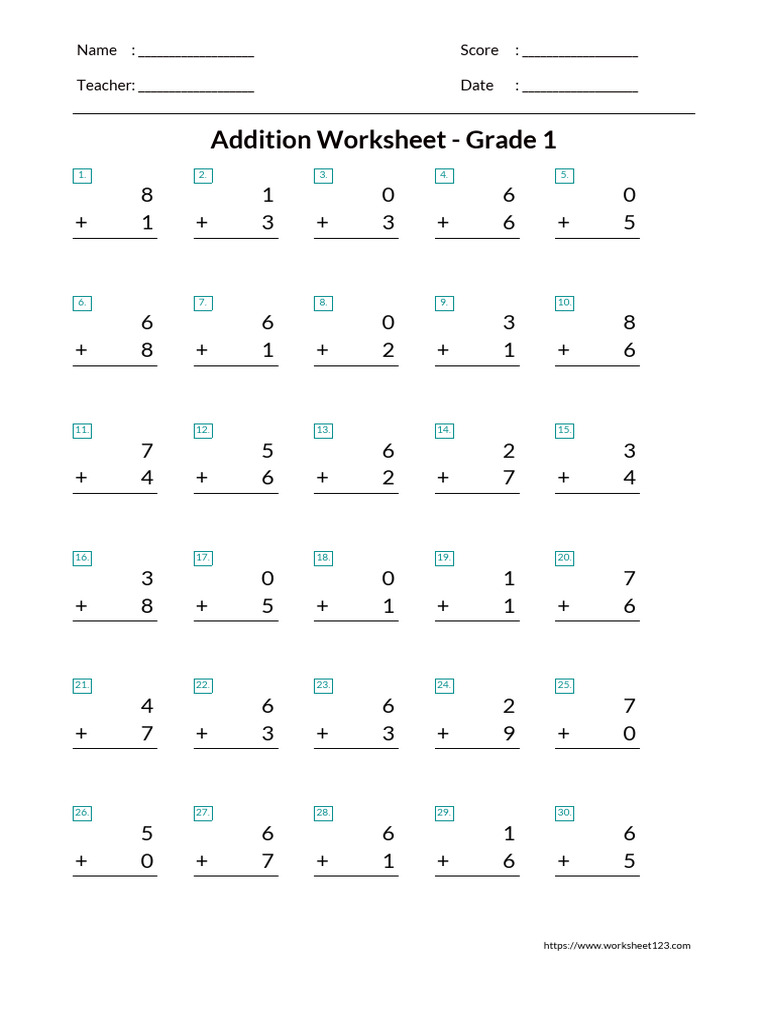 Addition Worksheet Grade 1 1 | PDF