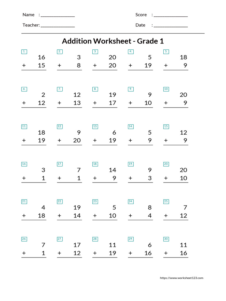 Addition Worksheet Grade 1 9 | PDF
