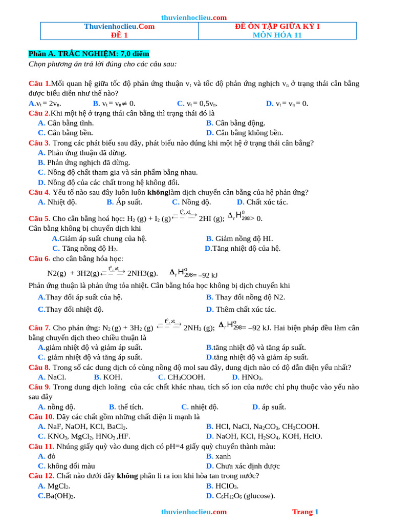 Bo de On Tap Giua HK1 Hoa 11 | PDF