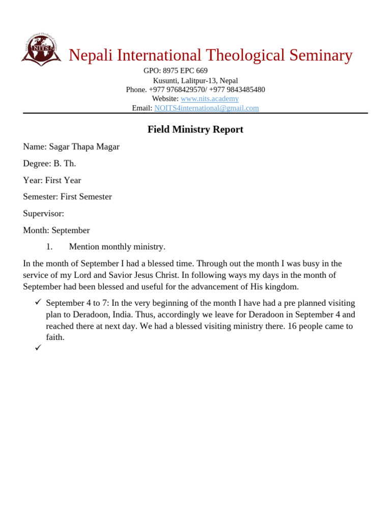 Field Ministry Report by Sagar Thapa Magar | PDF