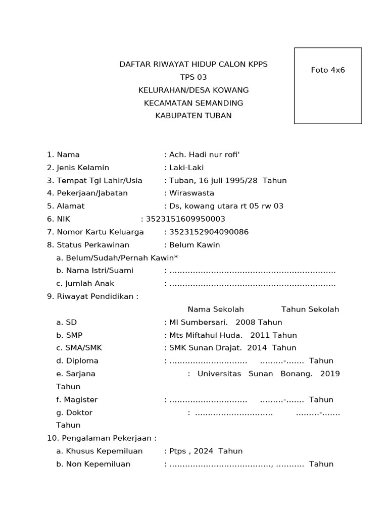 DRH CALON KPPS Rofi' 1 | PDF
