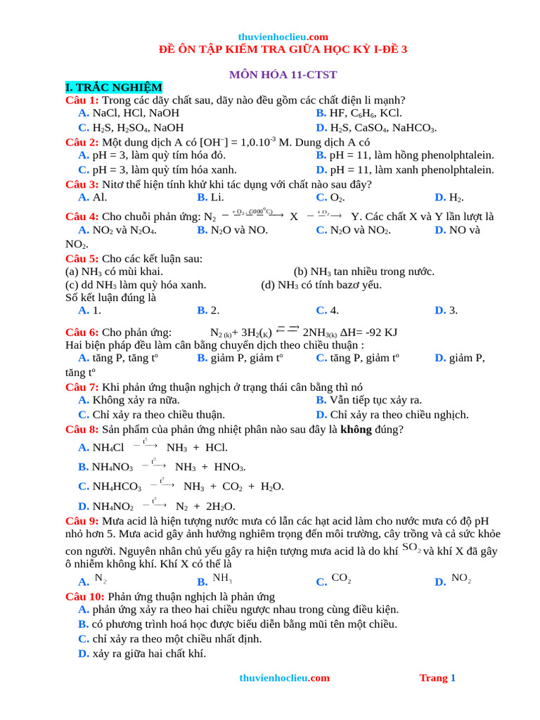 De Kiem Tra Giua HK1 Hoa 11 CTST de 3 | PDF