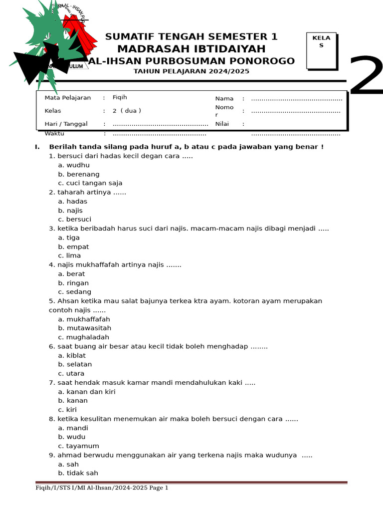 Soal Fiqih Kles 2 PTS 1 2024 2025 | PDF