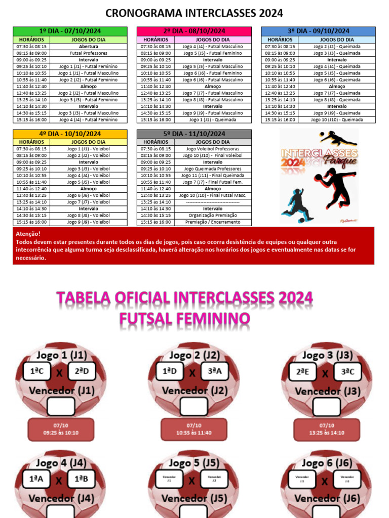 Tabela Oficial - Interclasses 2024 e Cronograma | PDF