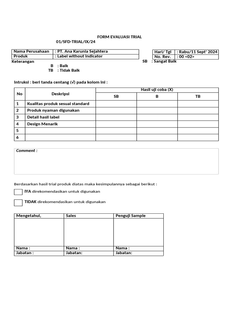 FORM EVALUASI TRIAL - Label | PDF