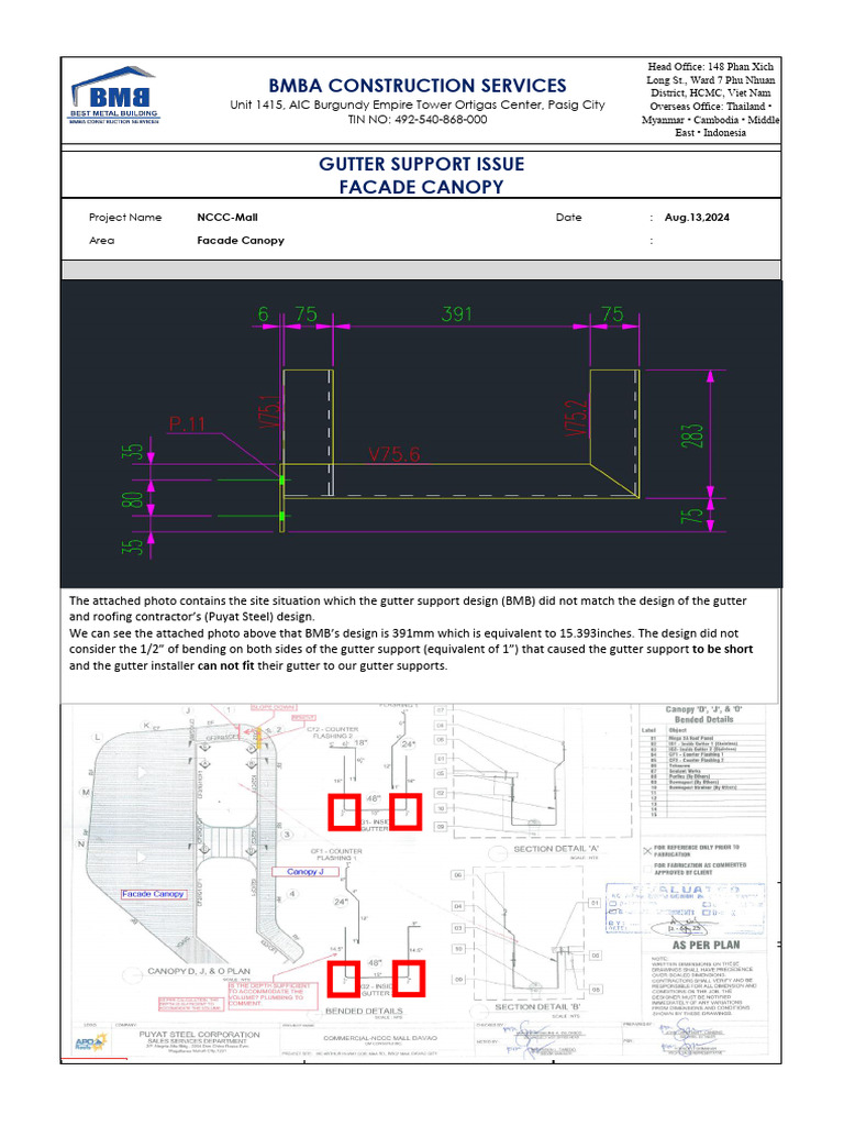 BMBPH_FACADE GUTTER SUPPORT LENGTH ISSUE_NCCC MALL PROJECT | PDF