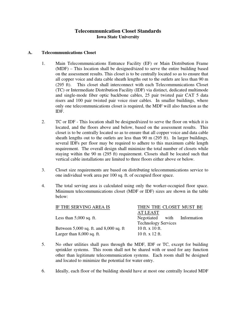 Telecom Closet Standards | PDF | Telecommunication | Equipment