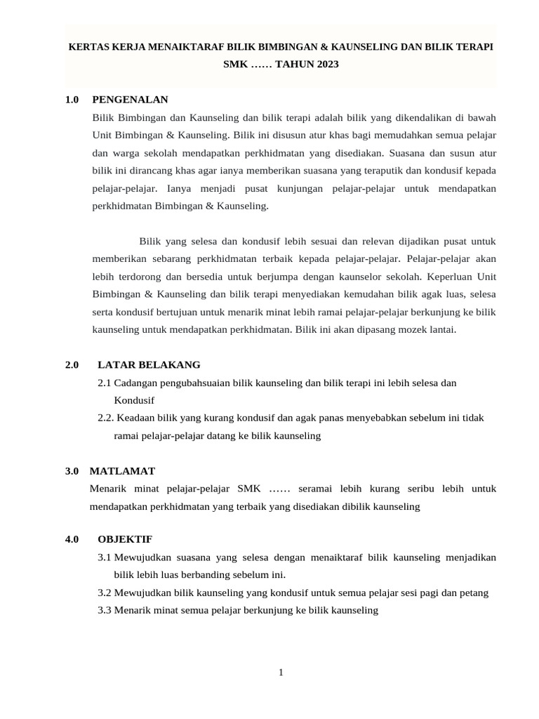 Kertas Kerja Menaiktaraf Bilik Bimbingan & Kaunseling Dan Bilik Terapi | PDF