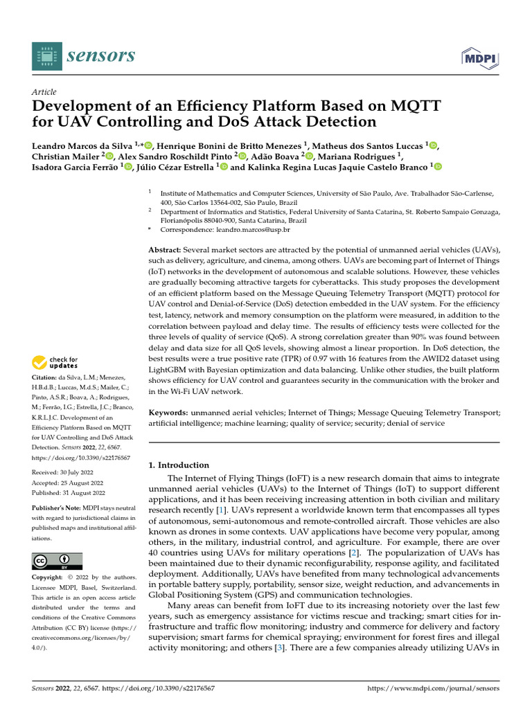 Development of An Efficiency Platform Based On MQTT For UAV Controlling and DoS Attack Detection ...
