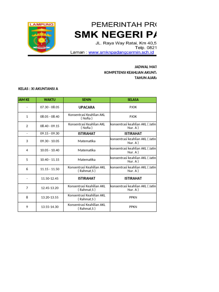 Jadwal Kelas Xi Akl A | PDF