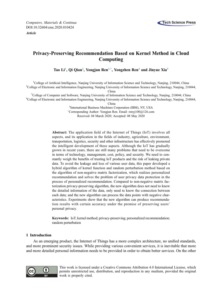 Privacy-Preserving Recommendation Based On Kernel Method in Cloud Computing | PDF