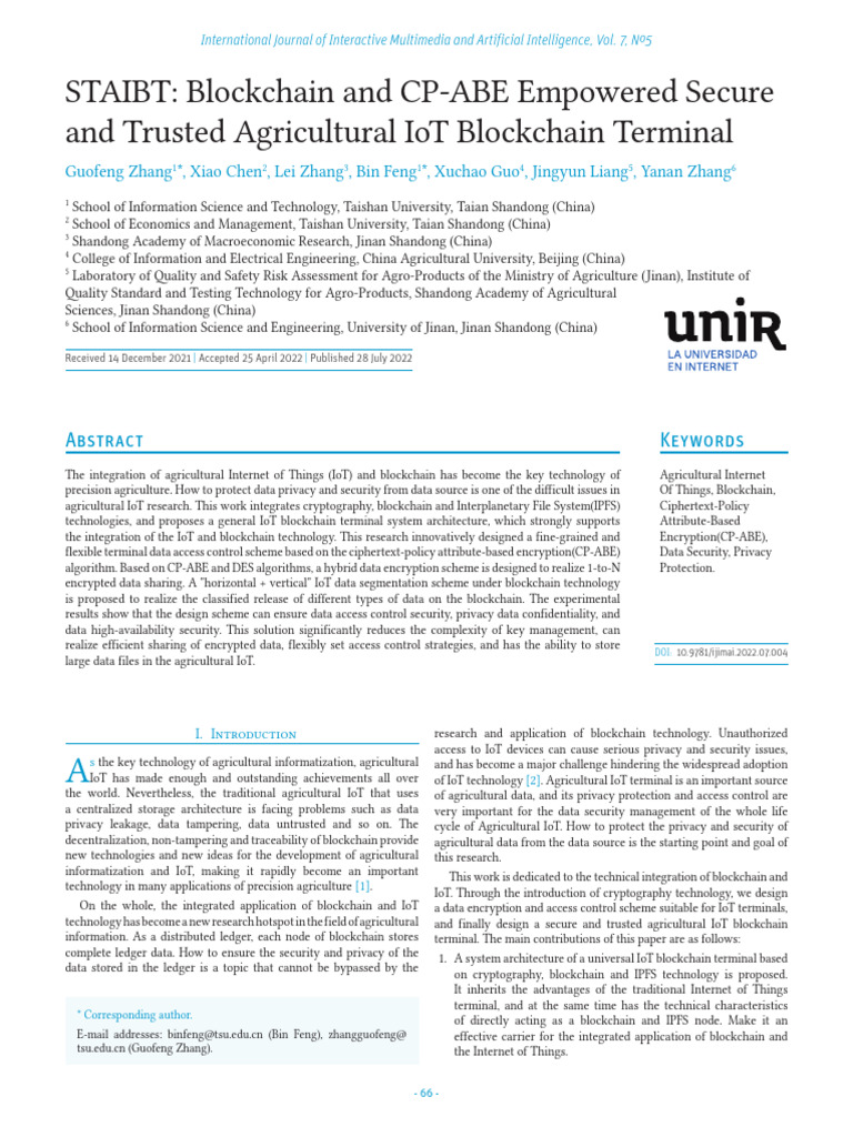 STAIBT Blockchain and CP-ABE Empowered Secure and Trusted Agricultural IoT Blockchain Terminal | PDF