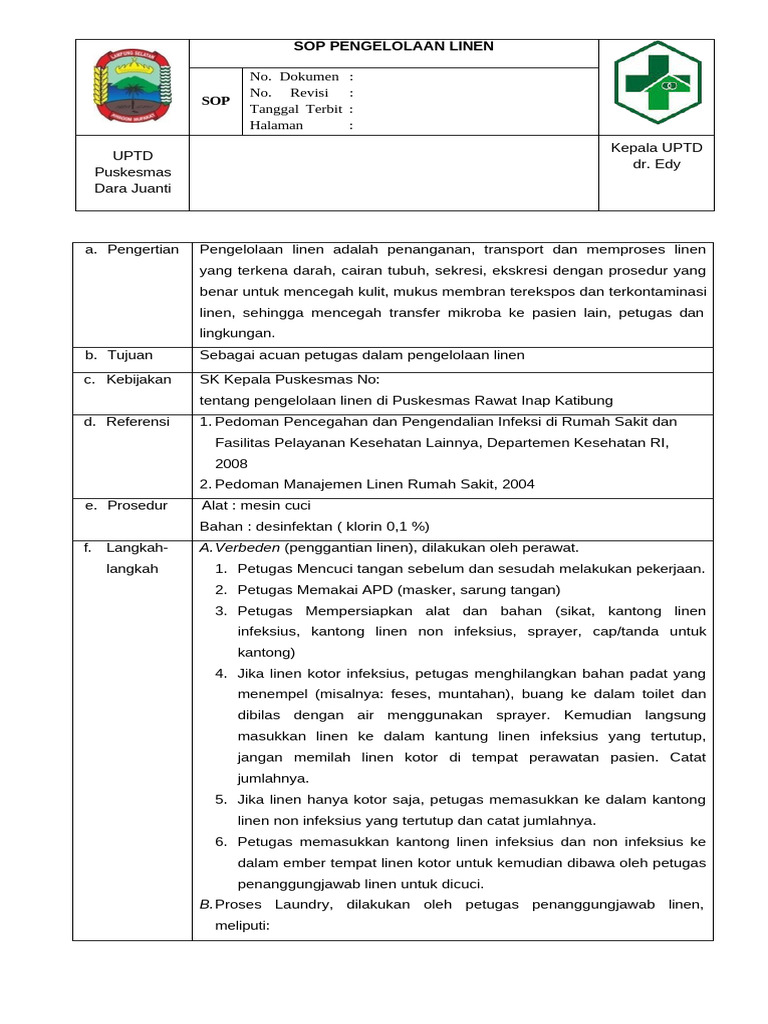 Sop Pengelolaan Linen | PDF