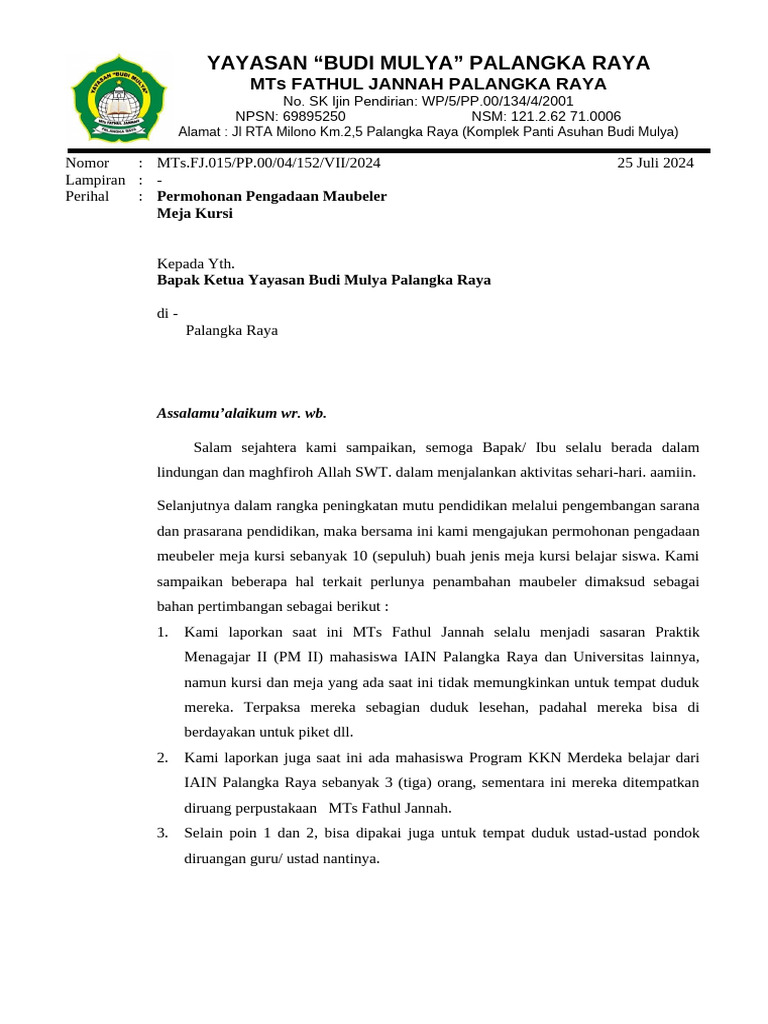 SURAT PERMOHONAN MEJA DAN KURSI | PDF