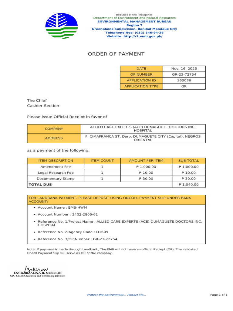 Order of Payment: The Chief Cashier Section Please Issue Official ...
