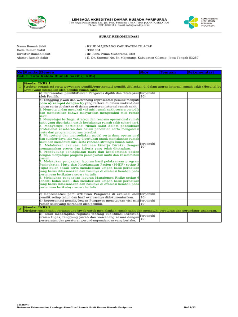 Surat Rekomendasi Lembaga Akreditasi DHP | PDF