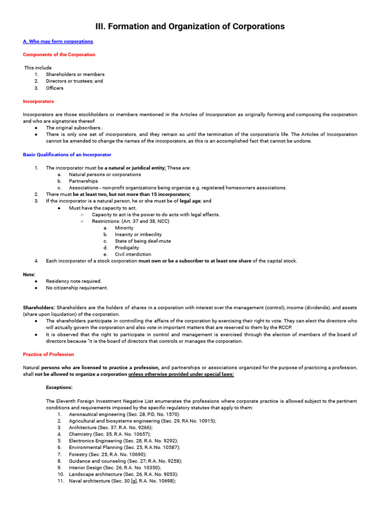 Formation and Organization of Corporations | PDF