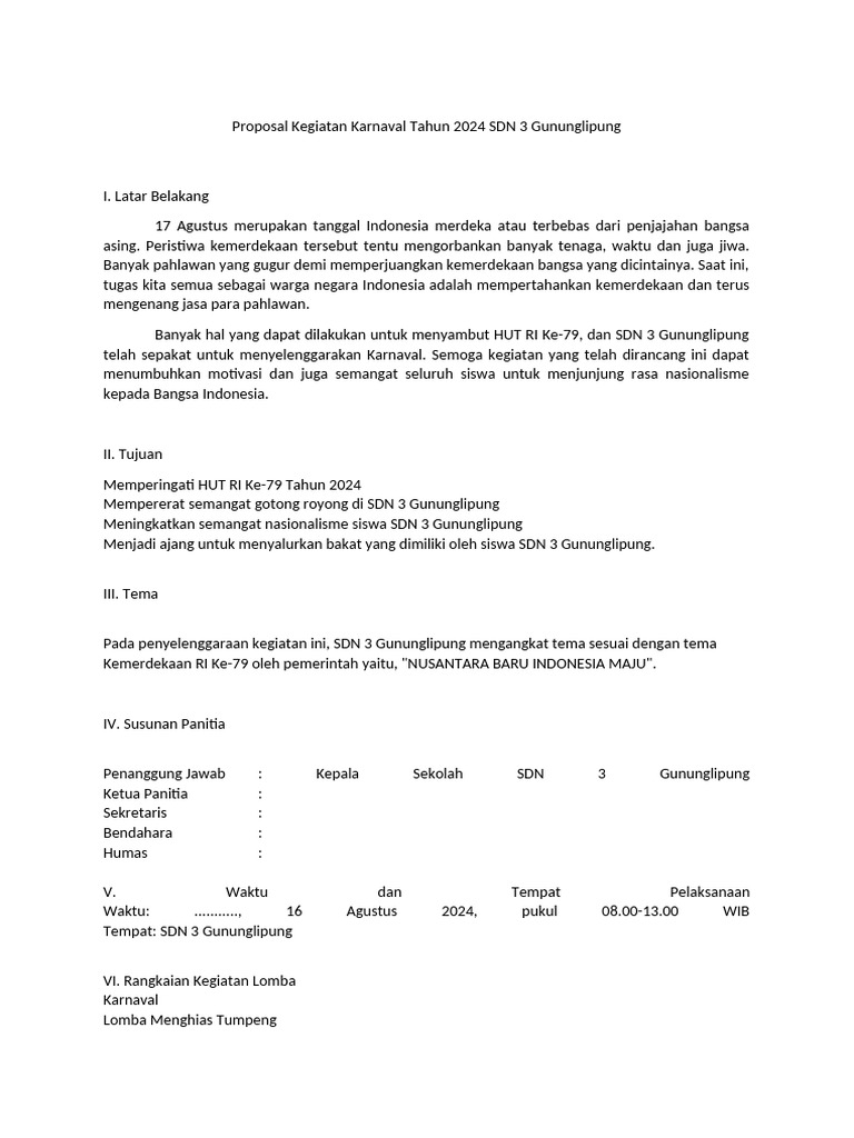 Proposal Kegiatan Karnaval Tahun 2024 SDN 3 Gununglipung | PDF