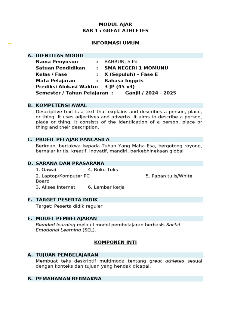 MODUL AJAR Great Athletes - UPLOAD PMM | PDF | Volleyball | Summer Sports