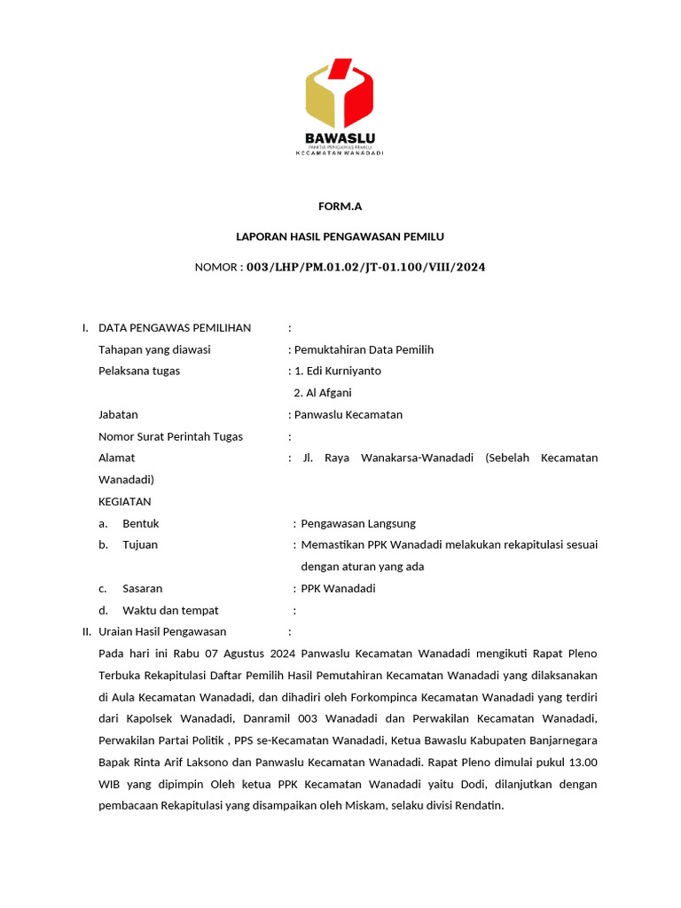 Form A Rapat Pleno DPHP Tingkat Kecamatan | PDF
