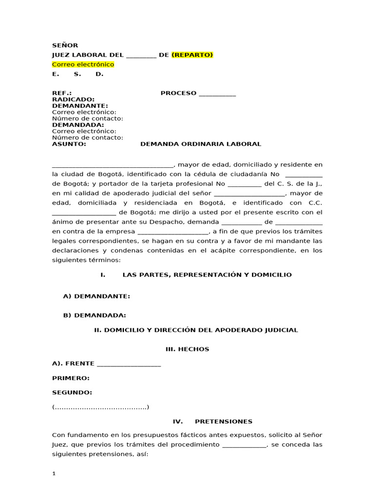 Modelo capitulos de Demanda Laboral | PDF