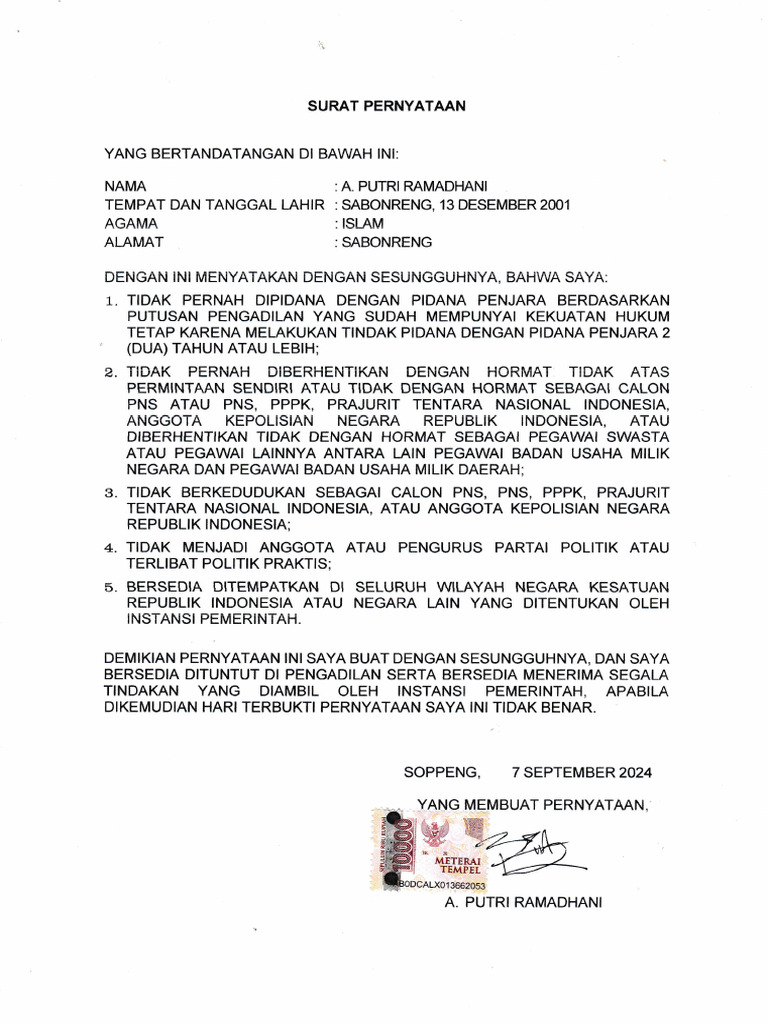 Surat Pernyataan 5 Poin (A. Putri Ramadhani) | PDF