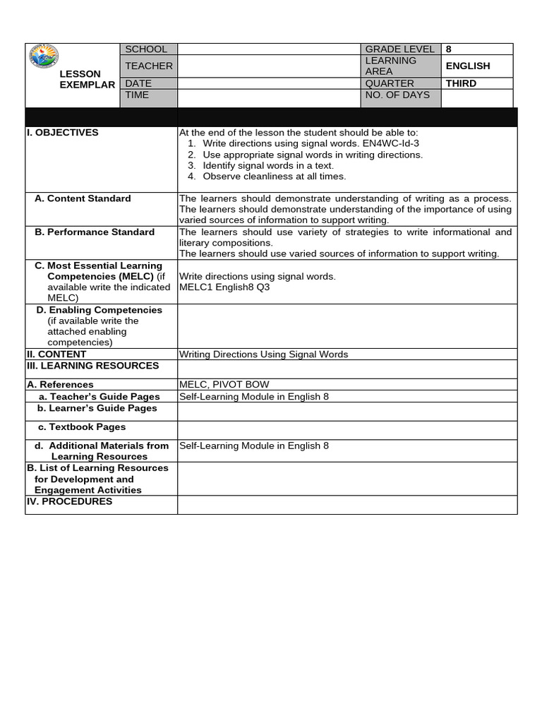English8 SDLP SignalWords | PDF | Toothbrush | Learning