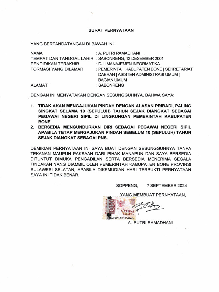 Surat Pernyataan Tidak Mengajukan Pindah (A. Putri Ramadhani) | PDF