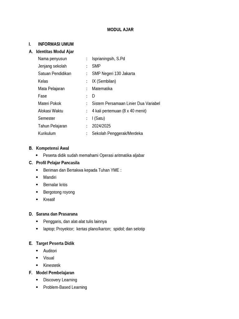 Modul Ajar Berdiferensiasi Matematika Bab 2 Kelas 8 SPLDV | PDF