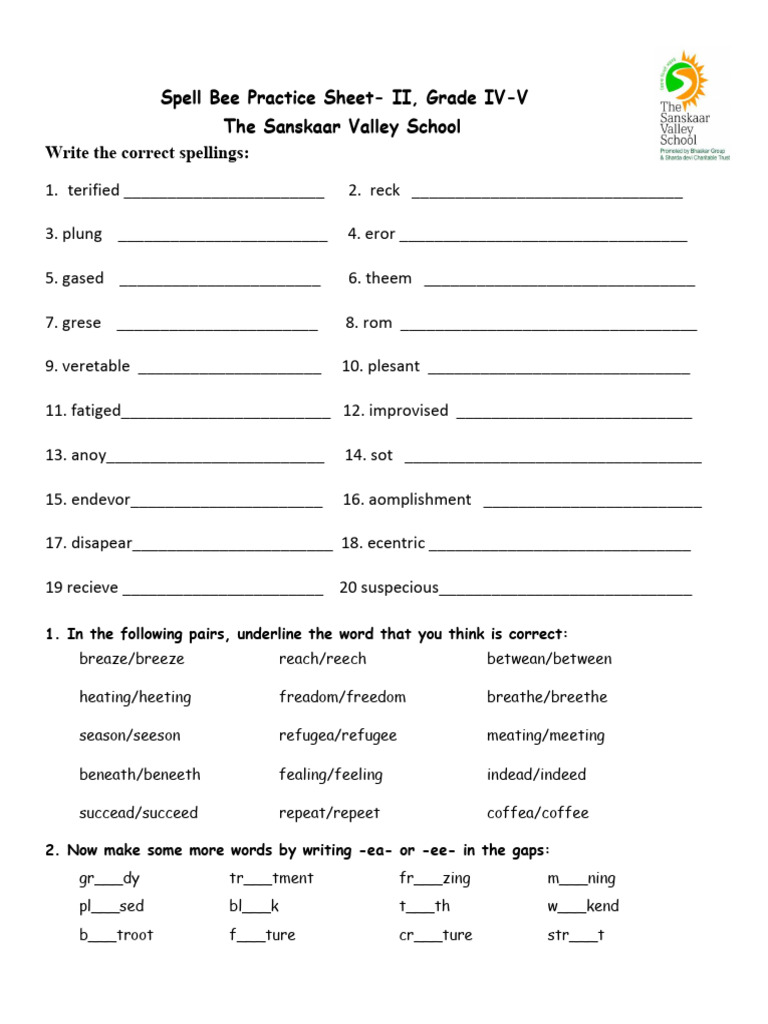 Spell Bee Practice Sheet - II | PDF