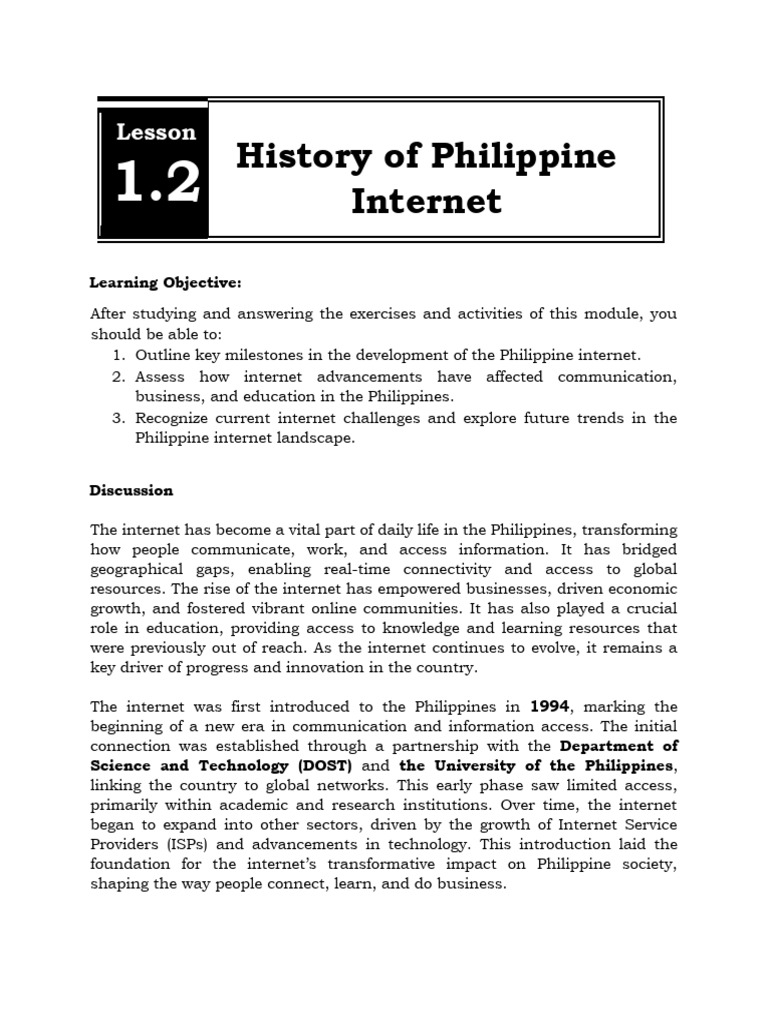 Lesson 1-2 History of Philippine Internet | PDF | Internet Access ...