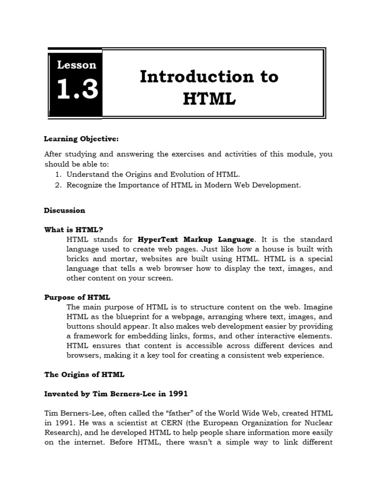 Lesson 1-3 Introduction To HTML | PDF