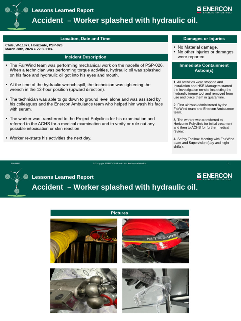 Lesson Learned - Worker Splashed With Hydraulic Oil - Rev000 | PDF | Safety