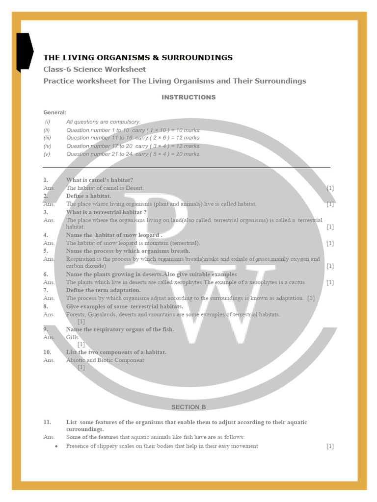 Class-6 Science Worksheet Practice Worksheet For The Living Organisms ...
