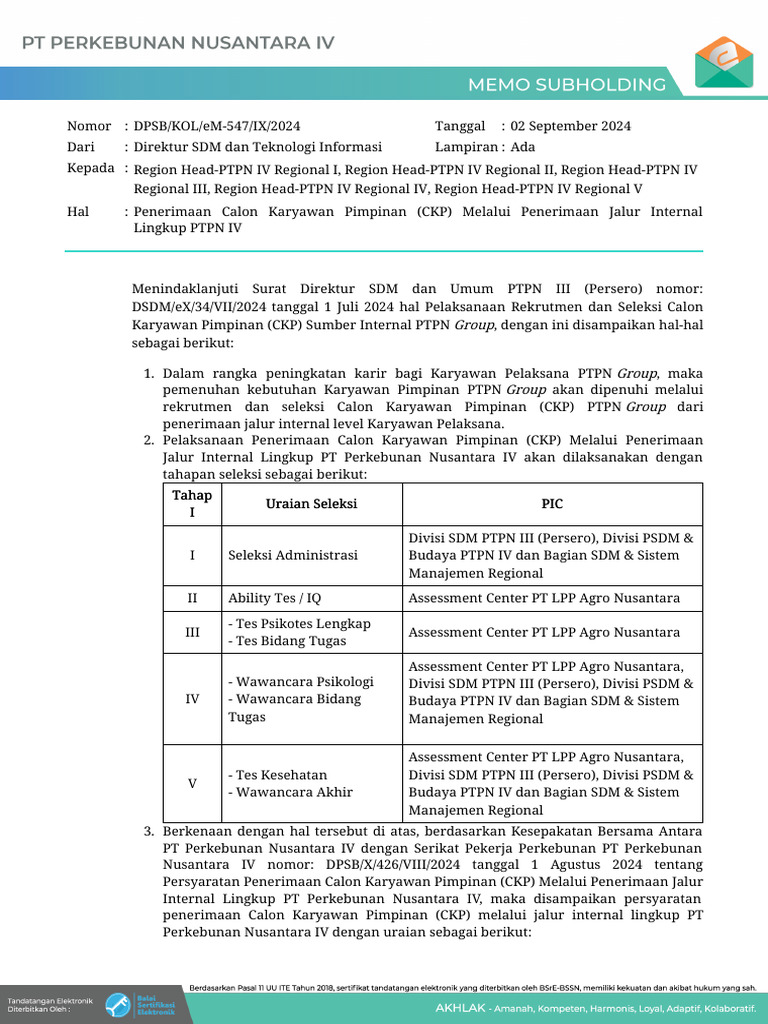DPSB KOL EM-547 Penerimaan CKP Melalui Penerimaan Jalur Internal PTPN IV + Lampiran | PDF