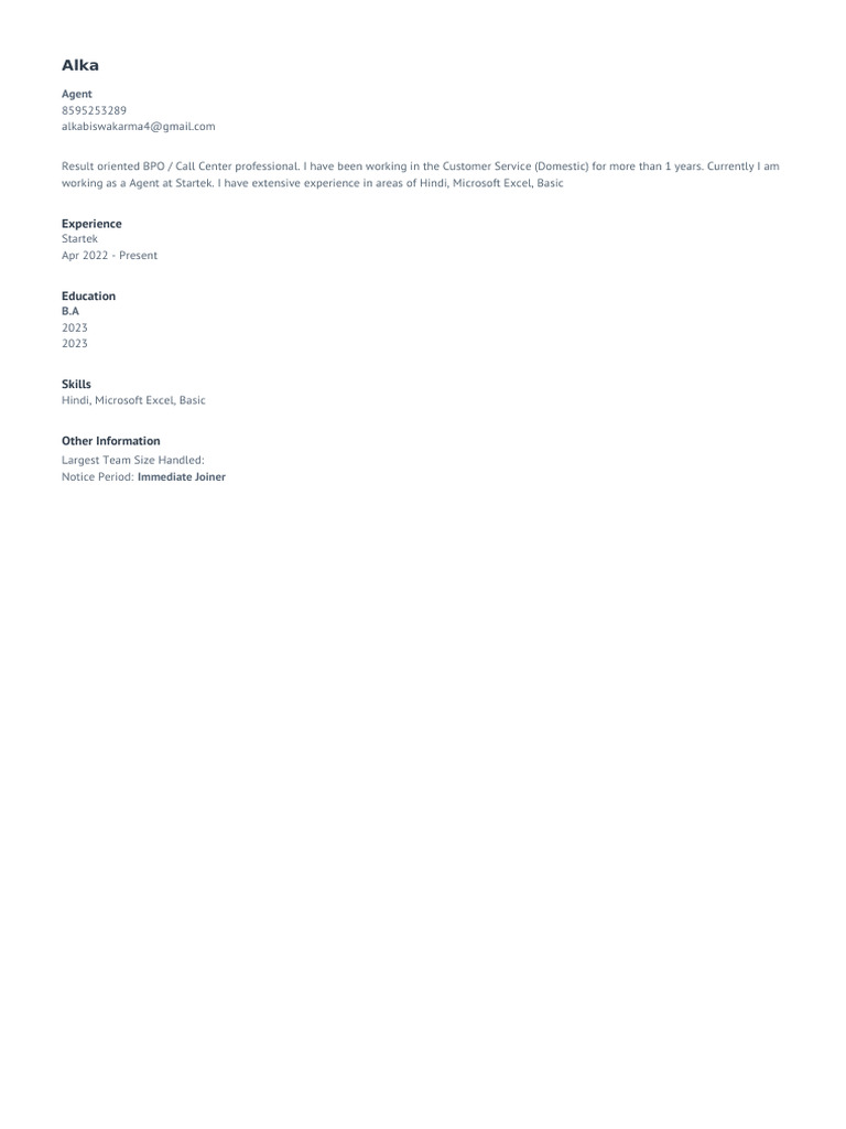 25 - Alka BK - Agent - 1 Yr 6 Months | PDF