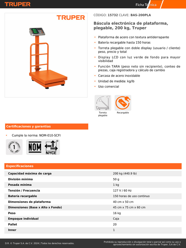 Báscula Electrónica de Plataforma, Plegable, 200 KG, Truper: CÓDIGO: 15732 CLAVE: BAS-200PLA | PDF