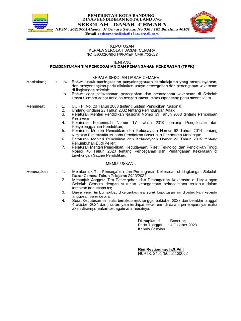 (Panduanmengajar - Com) SK Tim Pencegahan Dan Penanganan Kekerasan Di Lingkungan Satuan ...