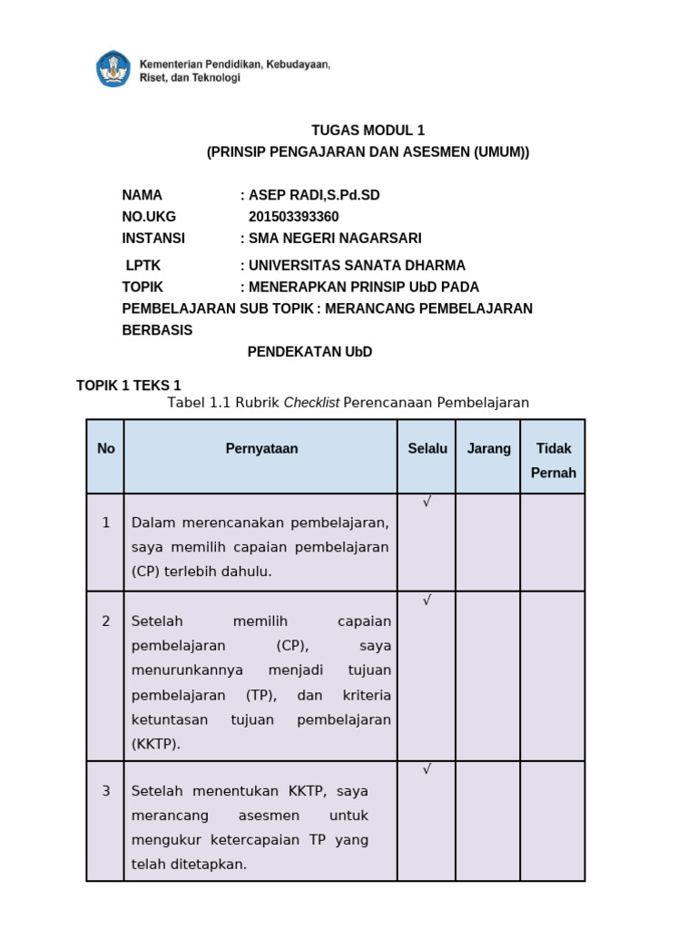 Rubrik Checklist Perencanaan Pembelajaran | PDF