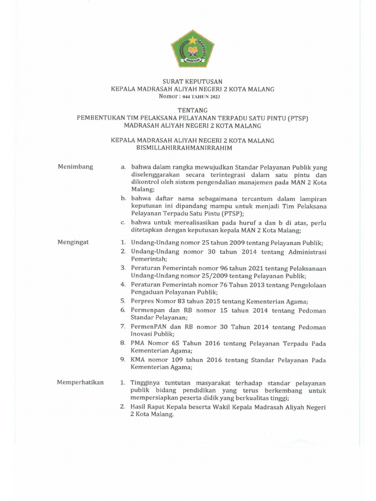 Renaksi - 513665 - 1703813567 - 6.2a.1 SK TENTANG PEMBENTUKAN TIM PTSP MAN 2 KOTA MALANG | PDF