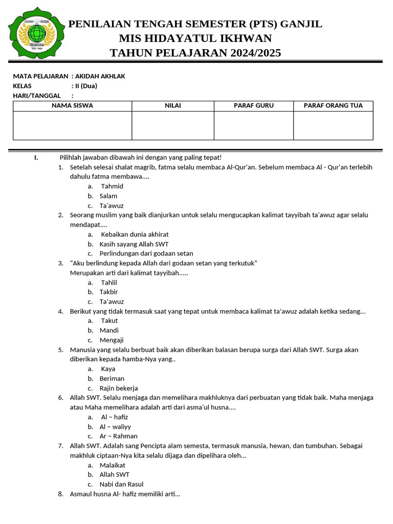 Soal Pts Akidah Kls 2 | PDF