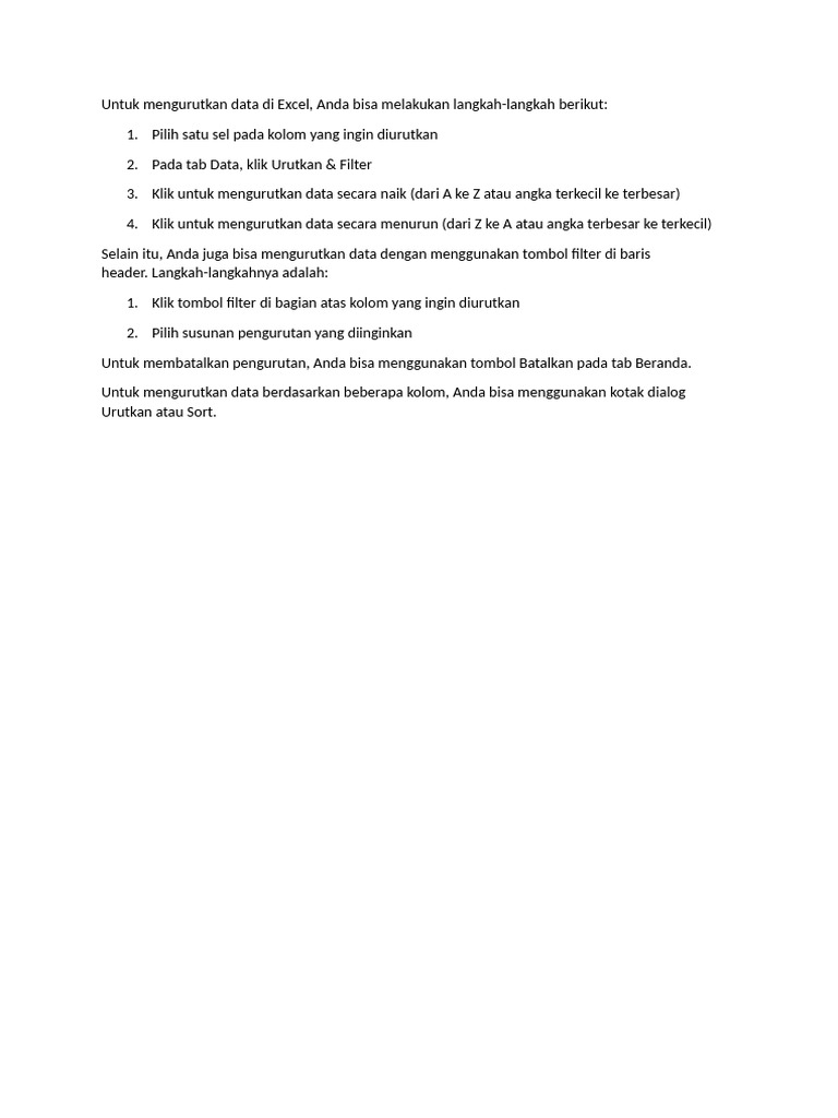 Untuk Mengurutkan Data Di Excel | PDF