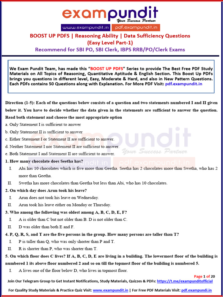 Reasoning Data Sufficiency Easy Questions Part 1 Boost Up Pdfs | PDF