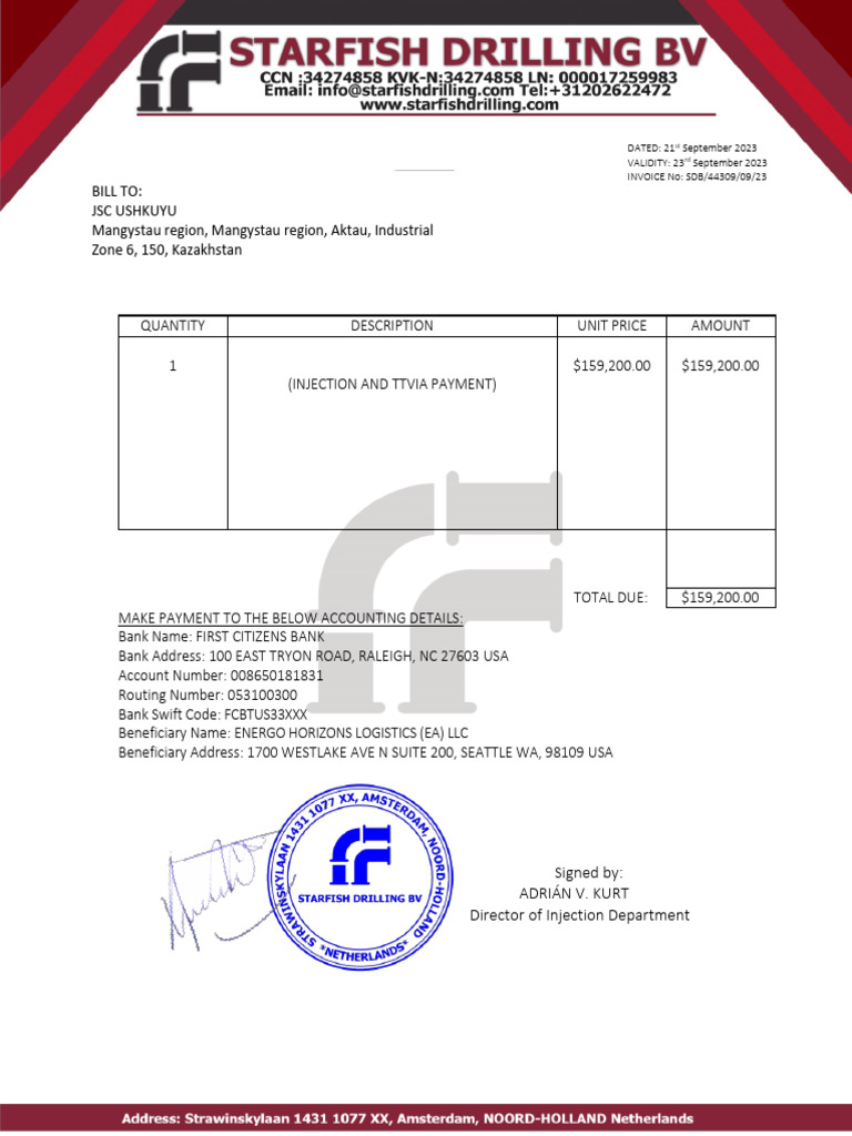 Starfish Drilling BV - Invoice - JSC Ushkuyu | PDF