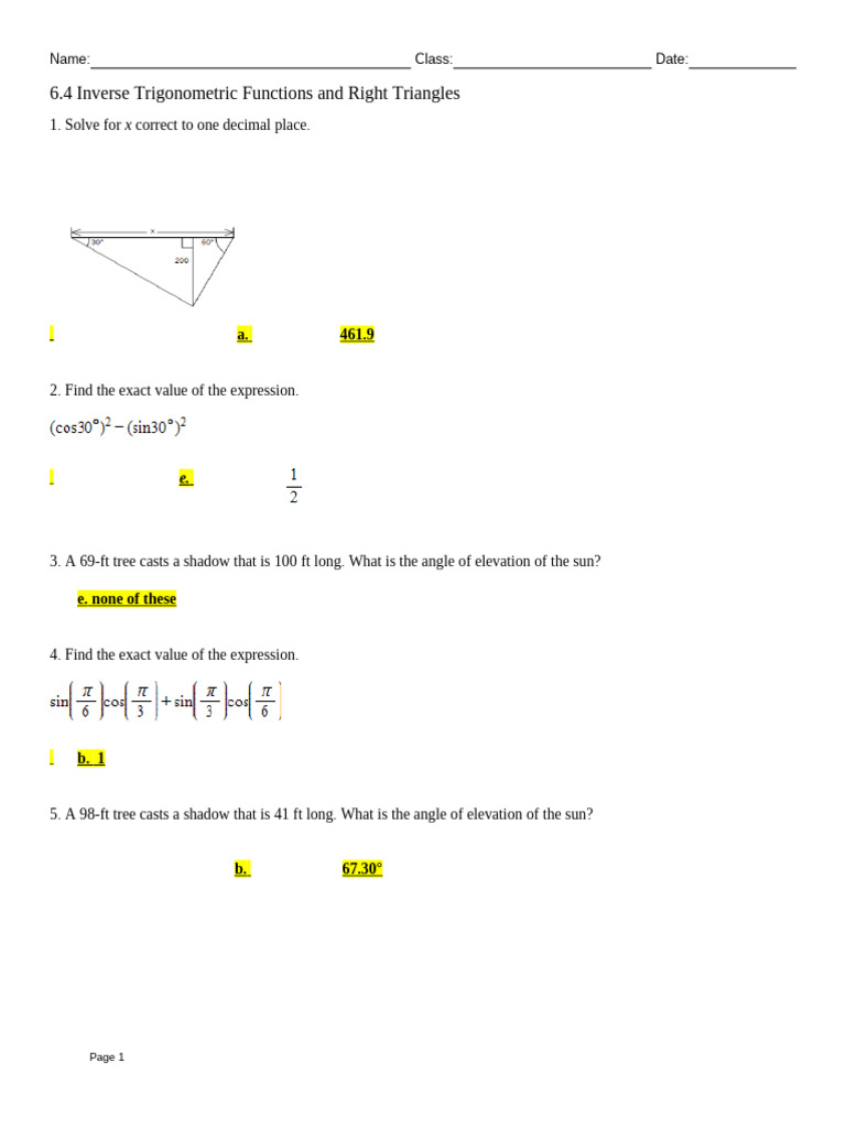 6.4 Inverse Trigonometric Functions and Right Triangles: Name: Class ...