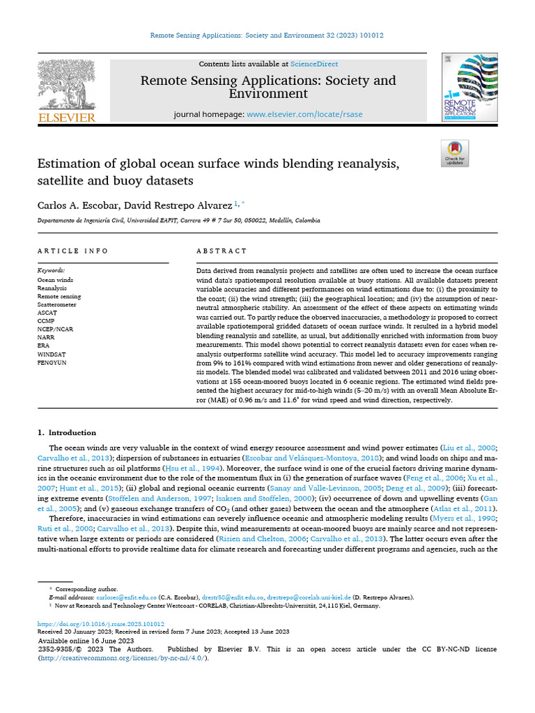 Estimation of Global Ocean Surface Winds Blen 2023 Remote Sensing Applicatio | PDF