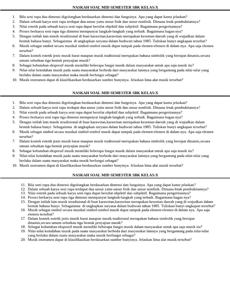 Naskah Soal Mid Semester SBK Kelas X | PDF