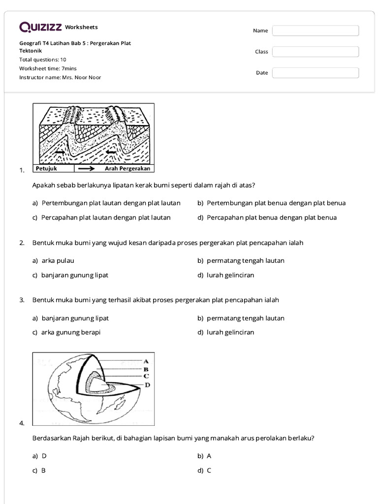 Geografi T4 Latihan Bab 5 - Pergerakan Plat Tektonik - Quizizz | PDF